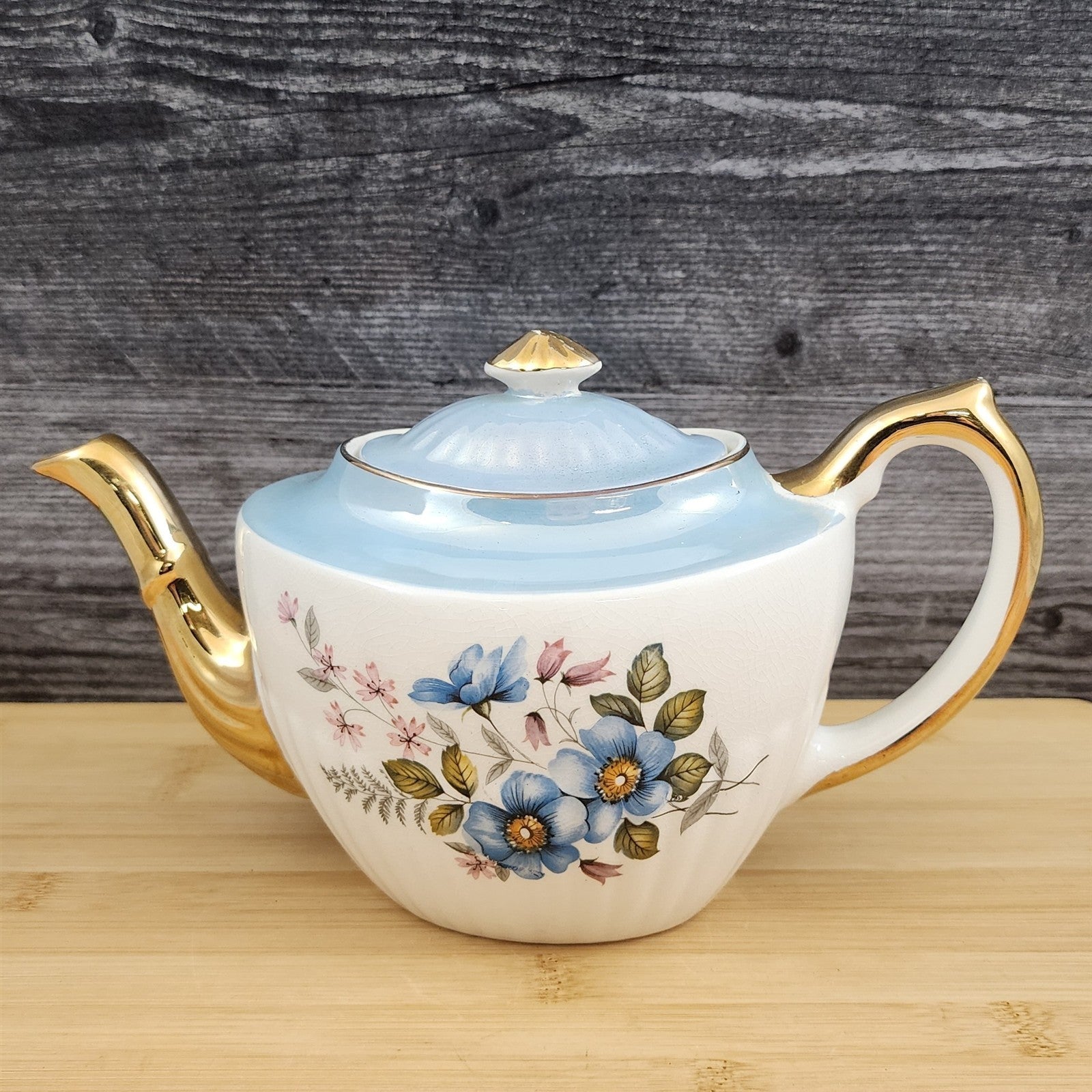 Gibbons Staffordshire England Teapot Blue Floral Gold Accent Porcelain ...